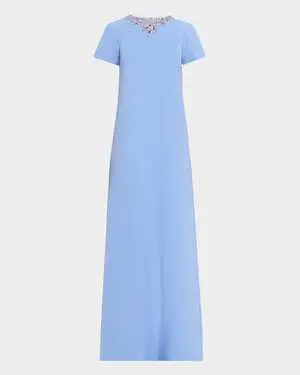 Pamella Roland Embellished Neckline Crepe A-line Gown - Sky Blue