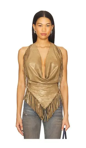 UNDERSTATED LEATHER Shimmery Fringe Halter Top