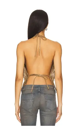 UNDERSTATED LEATHER Shimmery Fringe Halter Top