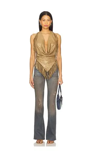 UNDERSTATED LEATHER Shimmery Fringe Halter Top