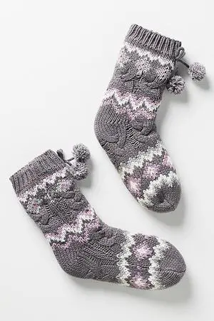 MUK LUKS Chunky Pom Pom Cabin Socks - Dark Grey