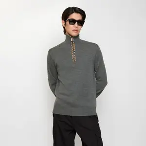 Burberry Check Trim Wool Half-zip Sweater - Grey
