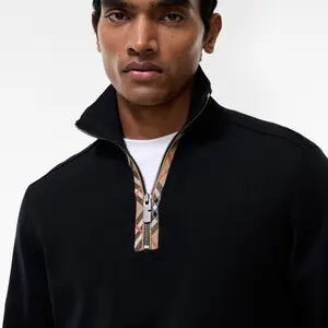 Burberry Check Trim Wool Half-zip Sweater - Navy