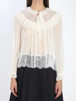 SELF-PORTRAIT Georgette Lace Blouse - White