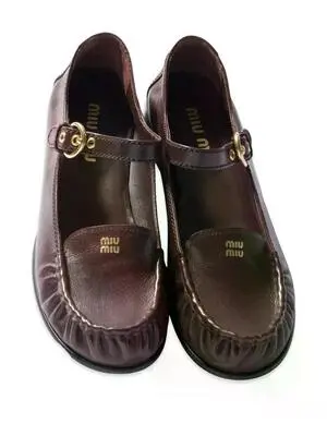 Miu Miu Leather Mary Jane Loafers With Buckle Strap - Brown