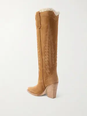 Paris Texas El Dorado Embroidered Shearling-lined Suede Knee Boots - Yellow