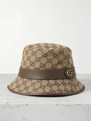 Gucci Leather-trimmed Cotton-blend Jacquard Bucket Hat - Neutrals