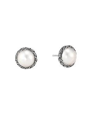 John Hardy Sterling Silver Classic Chain Pearl Stud Earrings - White/silver