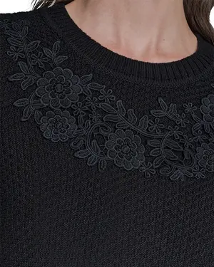 Karl Lagerfeld Paris Floral Trimmed Sweater - Black