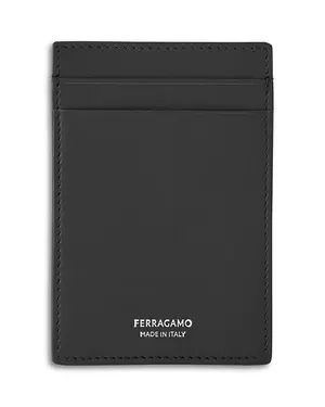 FERRAGAMO Calfskin Leather Money Clip Card Holder - Nero