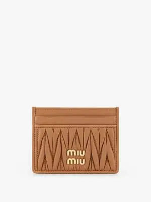 Miu Miu Quilted Leather Card Holder With Metal Lettering Logo - Beige