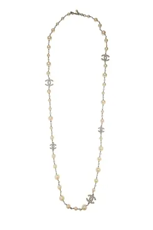 Chanel Crystal Faux Pearl Necklace - Silver