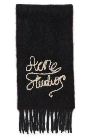 Acne Studios Winter Vally Logo Embroidered Alpaca Blend Fringe Scarf - Black