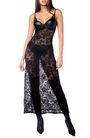 MAPALE Long Lace Chemise & Panties Set - Black