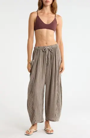 Free People Quin Stripe Cotton Drawstring Pants Charcoal Combo