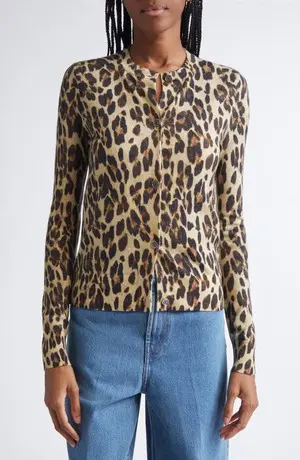 St. John Leopard Print Wool Cardigan