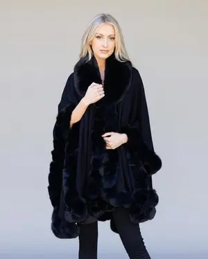 LE FAFO Wool Poncho With Faux Fur Trim - Black