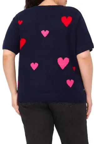 CECE DUPRAZ Heart Print Short Sleeve Sweater - Classic Navy