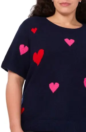 CECE DUPRAZ Heart Print Short Sleeve Sweater - Classic Navy