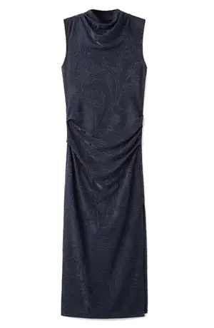 Mango Draped Embroidered Sleeveless Midi Dress