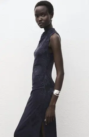 Mango Draped Embroidered Sleeveless Midi Dress