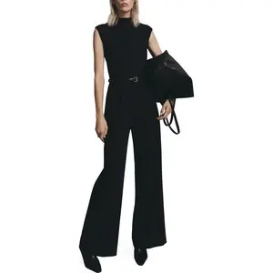 Mango Drape Neck Belted Jumpsuit Black