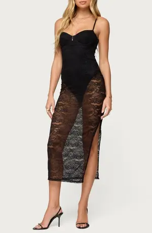 EDIKTED Sheer Lace Midi Body-con Dress