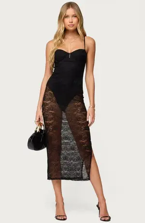 EDIKTED Sheer Lace Midi Body-con Dress