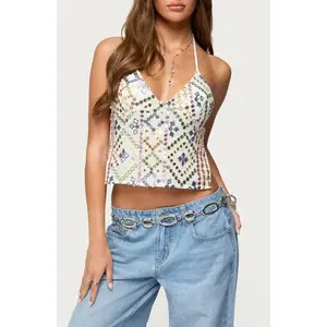EDIKTED Embroidered Sequin Halter Top