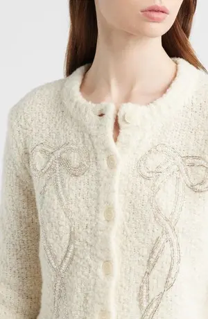 LoveShackFancy Leocadia Embellished Bow Wool Blend Cardigan - Ivory