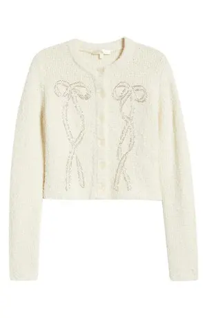 LoveShackFancy Leocadia Embellished Bow Wool Blend Cardigan - Ivory