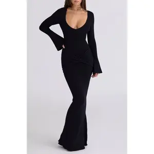 House Of Cb Mila Long Sleeve Ribbed Maxi Dress - Black