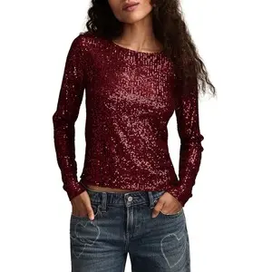 Lucky Brand Sequin Long-sleeve Top - Red Wine