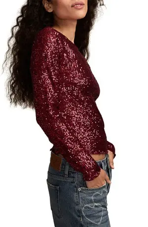 Lucky Brand Sequin Long-sleeve Top - Red Wine