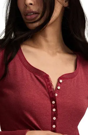 Lucky Brand Lace Trim Henley - Red Dahlia