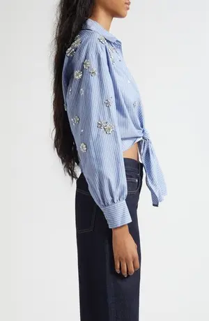 Cinq À Sept Lola Rhinestone Embellished Tie Front Shirt - Blue Multi