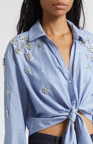 Cinq À Sept Lola Rhinestone Embellished Tie Front Shirt - Blue Multi