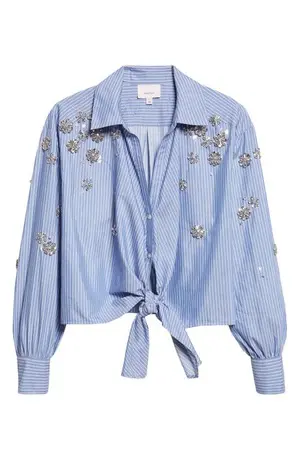 Cinq À Sept Lola Rhinestone Embellished Tie Front Shirt - Blue Multi