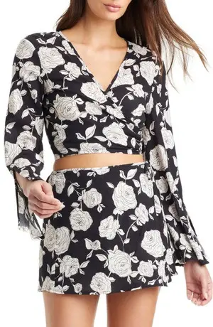 Sanctuary Crinkle Long Sleeve Cotton Wrap Crop Cover-up Top - Black