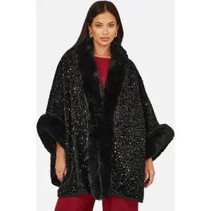 YUMI Textured Faux Fur Lined Cape - Black