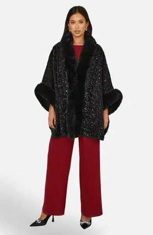YUMI Textured Faux Fur Lined Cape - Black