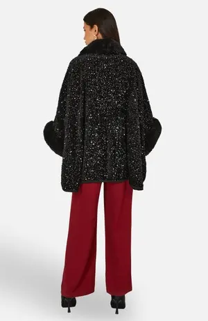 YUMI Textured Faux Fur Lined Cape - Black
