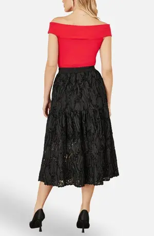YUMI Mesh Applique Sequin Midi Skirt