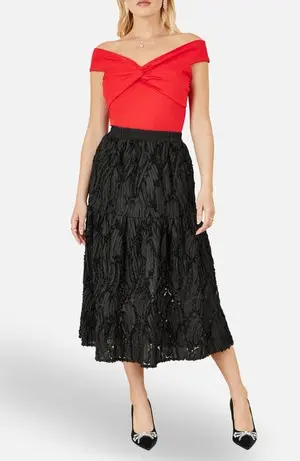YUMI Mesh Applique Sequin Midi Skirt