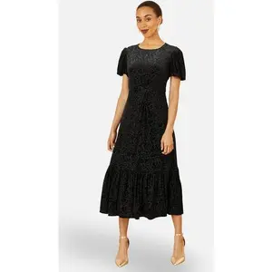 YUMI Velvet Twist Waist Midi Dress With Puff Sleeves And Ruffled Hem - Jet Black