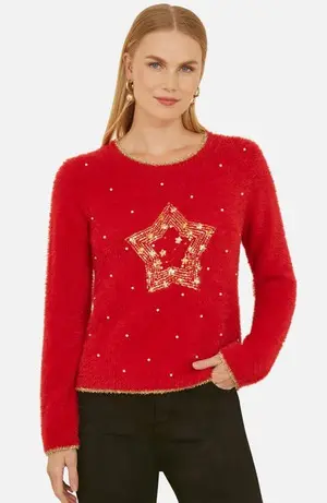 YUMI Fluffy Star Holiday Sweater - Red