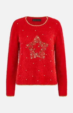 YUMI Fluffy Star Holiday Sweater - Red