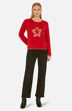 YUMI Fluffy Star Holiday Sweater - Red