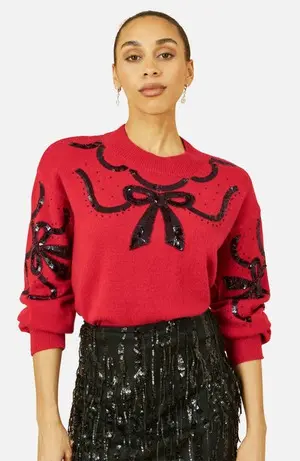 YUMI Sequinned Bow Neckline Sweater - Red