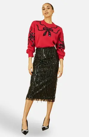 YUMI Sequinned Bow Neckline Sweater - Red